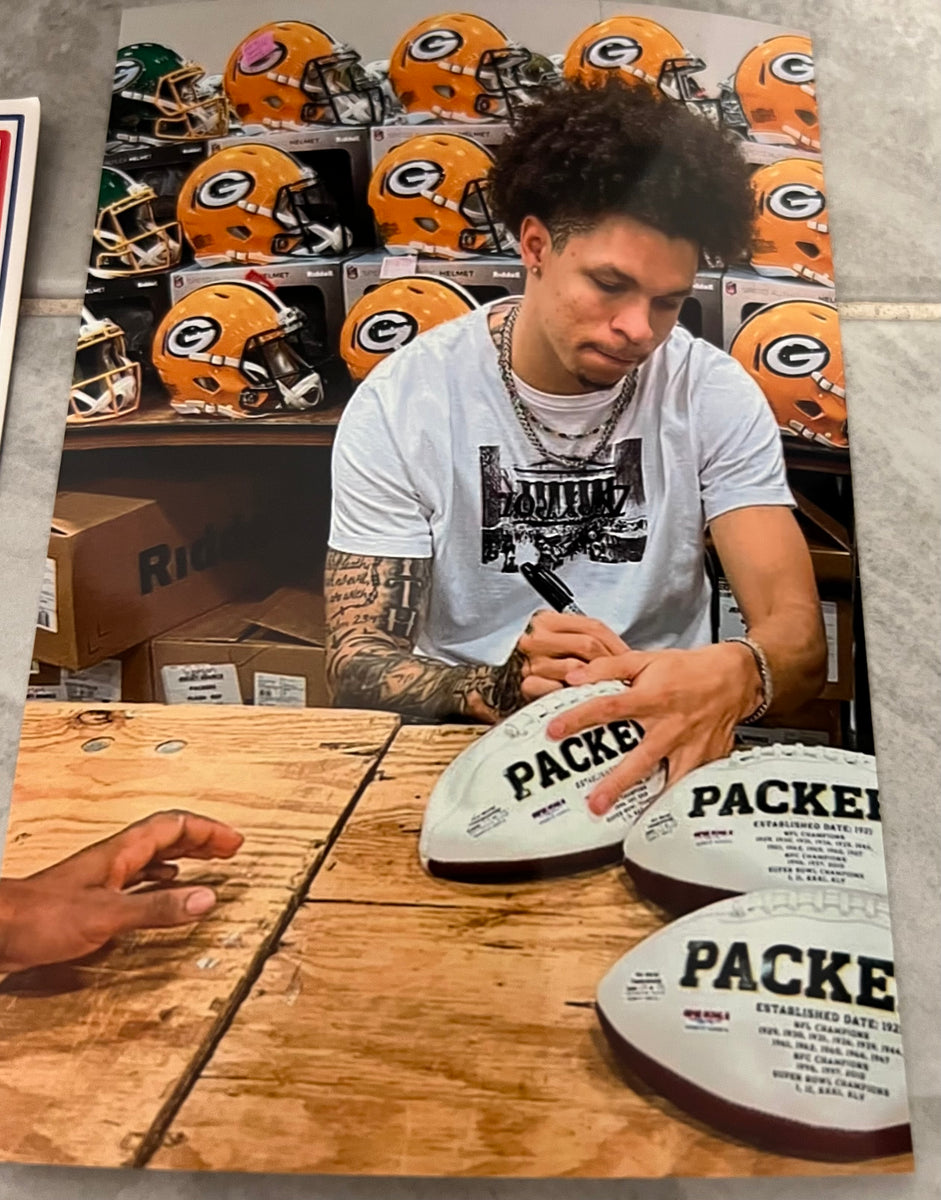 Christian Watson Green Bay Packers Autographed Football with photo sig ...